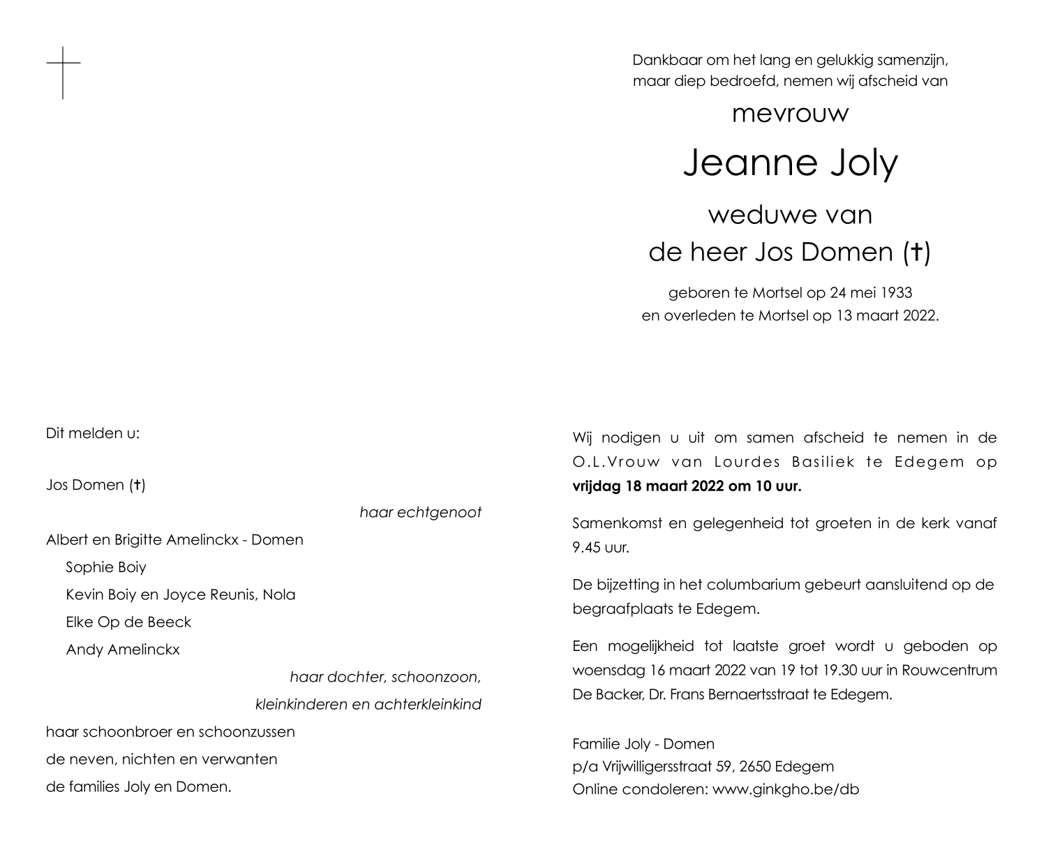 Uitvaartzorg De Backer - Overlijden van Mevrouw Jeanne Joly (13/03/2022 ...